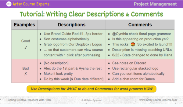 Improving Task Descriptions and Comments - Artsy Course Experts