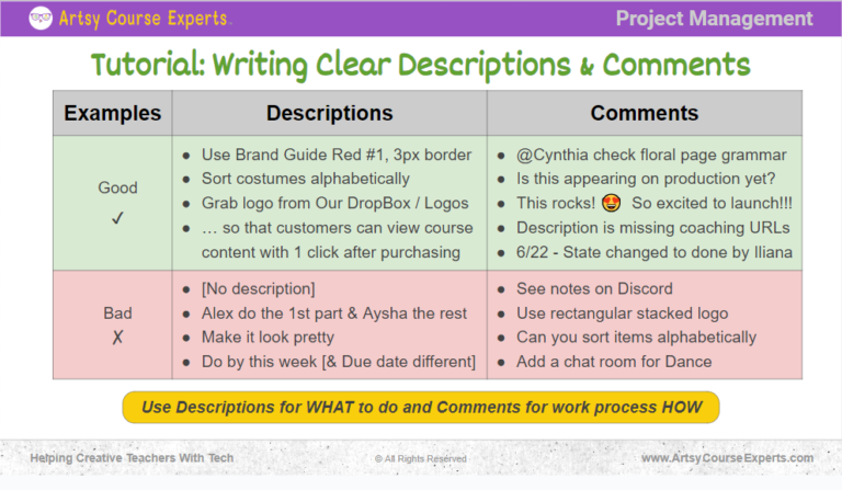 Improving Task Descriptions and Comments - Artsy Course Experts